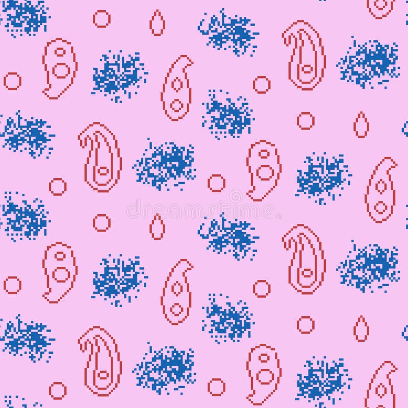 Pixel Art Paisley Seamless Pattern. Blue and Pink Indian Ornament and ...