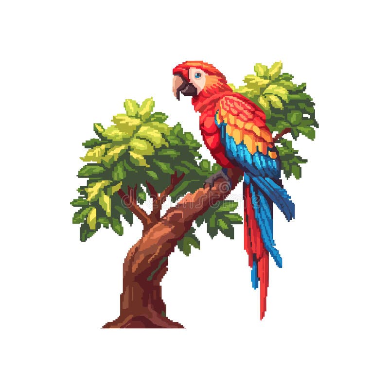 Pixel Art Parrot on Tree Branch Illustration. Vector Icon Design Stock ...