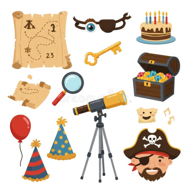 Pixel Art Pirate Party: Treasure Map, Telescope, Cake and More Stock ...