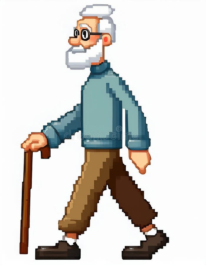 Old Man with a Cane Walking Forward Pixel Art Style Stock Illustration ...