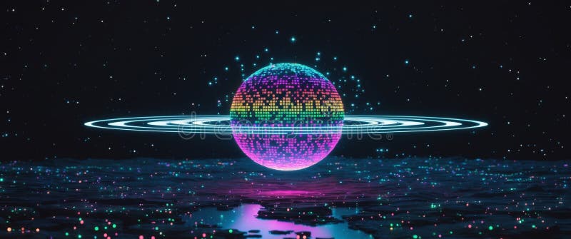 Pixel Art Planet in Space with Neon Glow Stock Photo - Image of glow ...