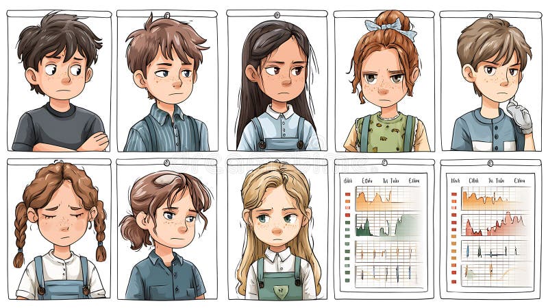 Pixel Art Portraits of Diverse Children with Charts Stock Illustration ...
