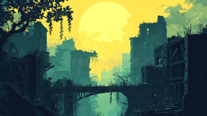 Pixel Art Post Apocalyptic City Ruins at Sunset Stock Illustration ...