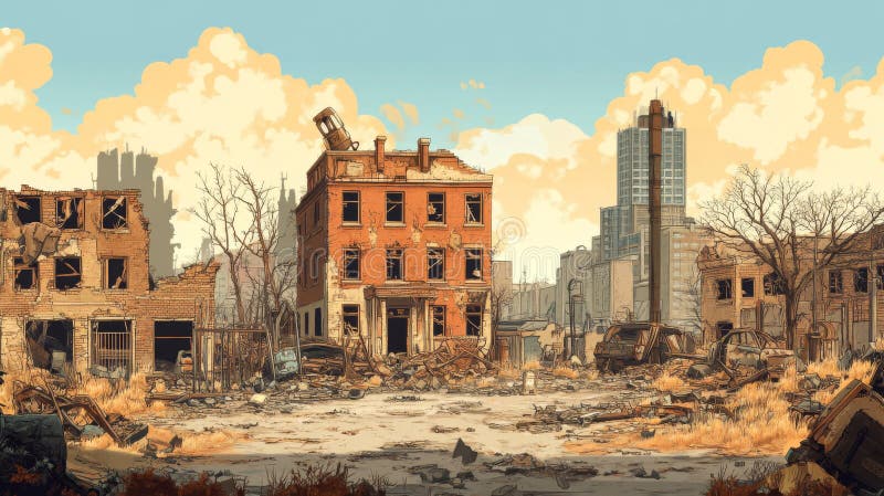 Pixel Art Post Apocalyptic Cityscape: Ruins of Buildings Under an Orange Sky Stock Illustration ...