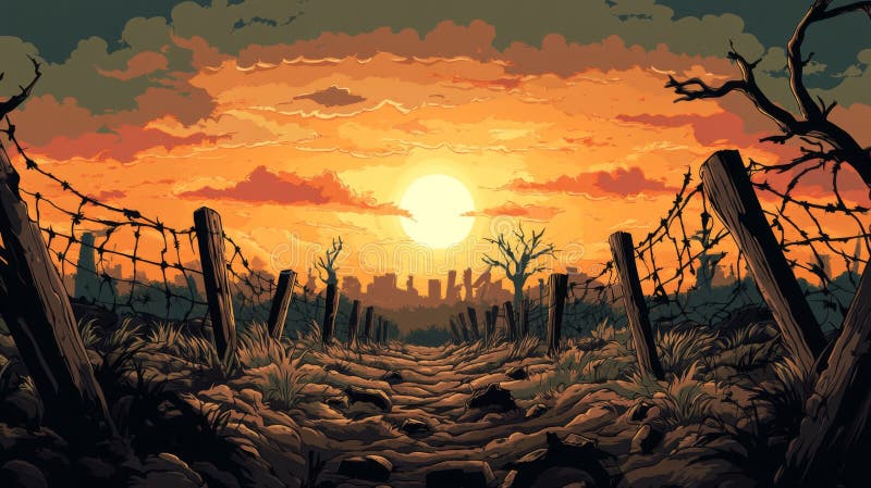 Pixel Art Post Apocalyptic Sunset Landscape Stock Illustration ...