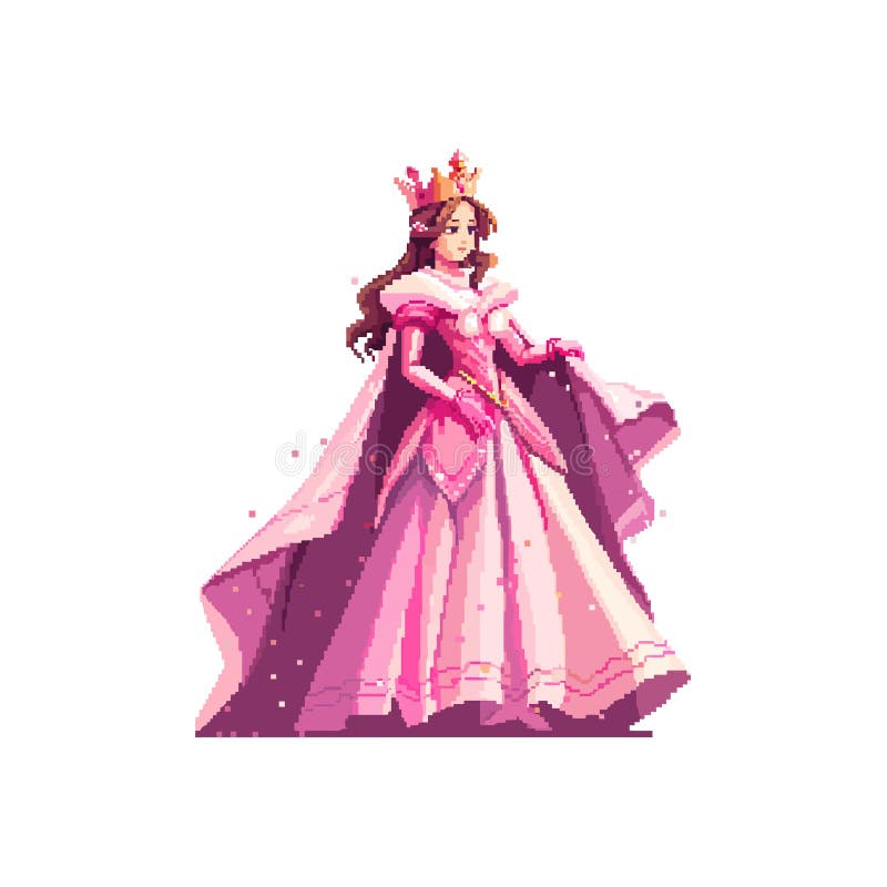 Pixel Art Princess in Pink Royal Gown with Crown. Vector Icon Design ...