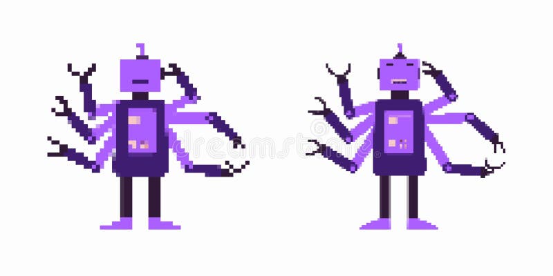 Pixel Art Purple Robot with Multiple Arms Displaying Unique Features ...