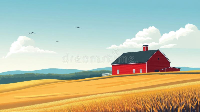 Pixel Art Red Barn in Golden Field Landscape Stock Illustration ...