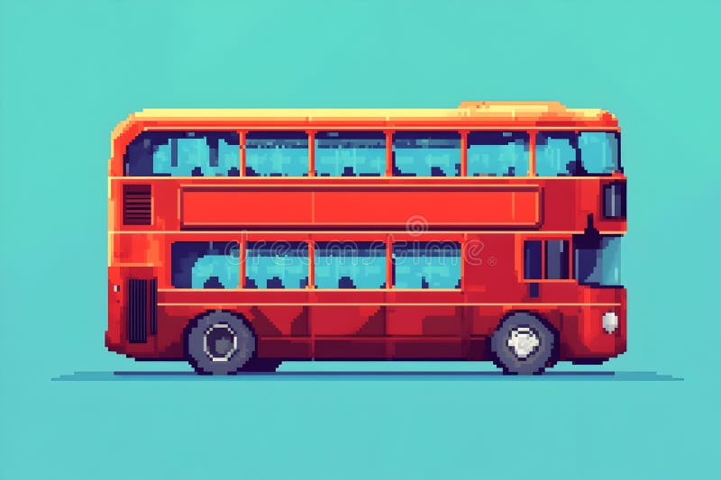 Pixel Art Red Double-decker Bus on Blue Background Stock Illustration ...