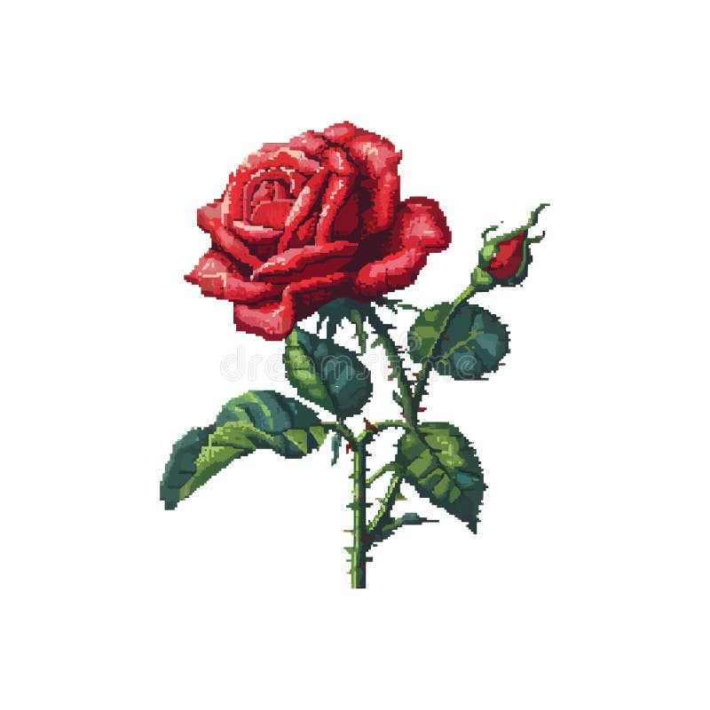 Pixel Art Red Rose with Detailed Leaves. Vector Icon Design Stock ...