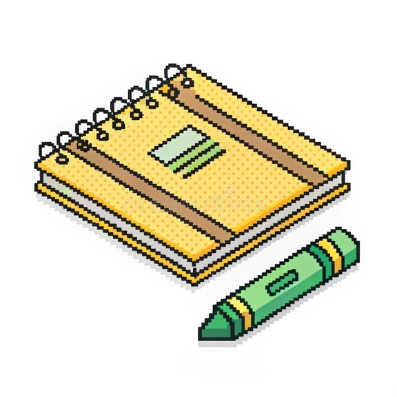 Pixel Art Representation of a Notebook and Crayon Suitable for Creative ...