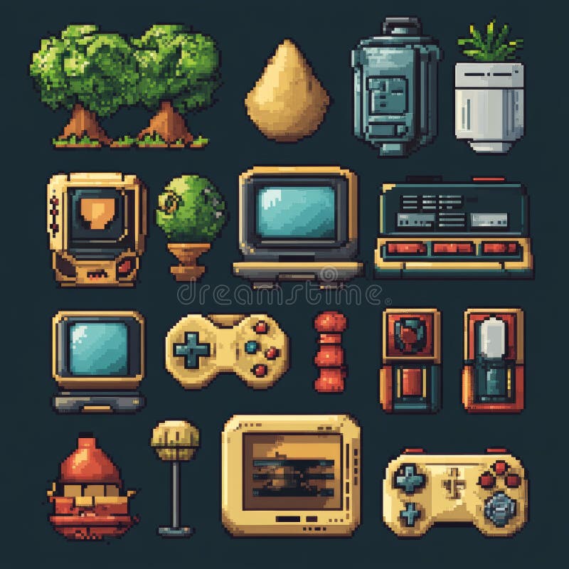 Pixel Art Retro Gaming Set 8 Bit Game Console Controllers Television ...