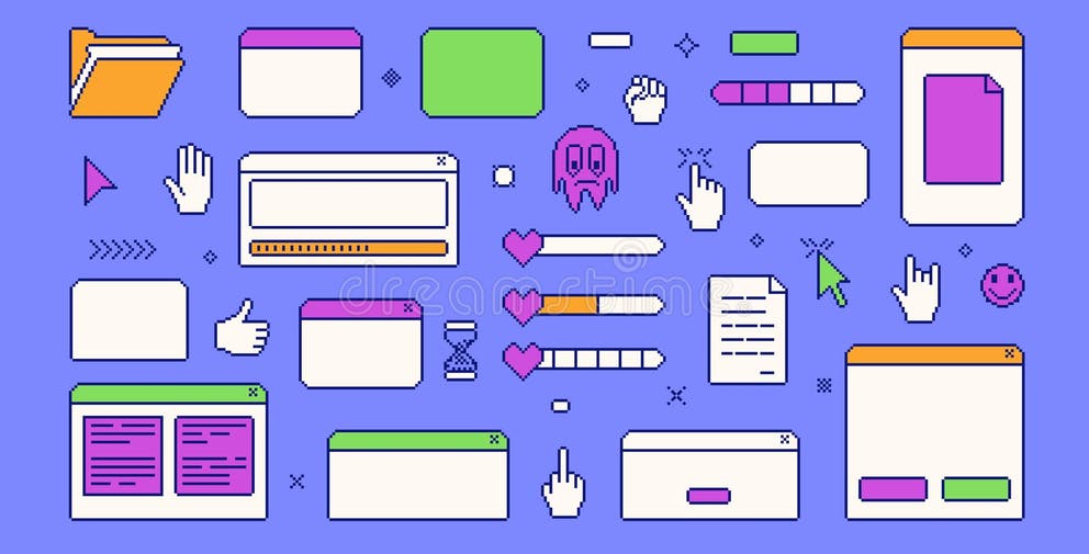Pixel Art Retro Windows Interface. 8 Bit Browser and Popup Elements ...