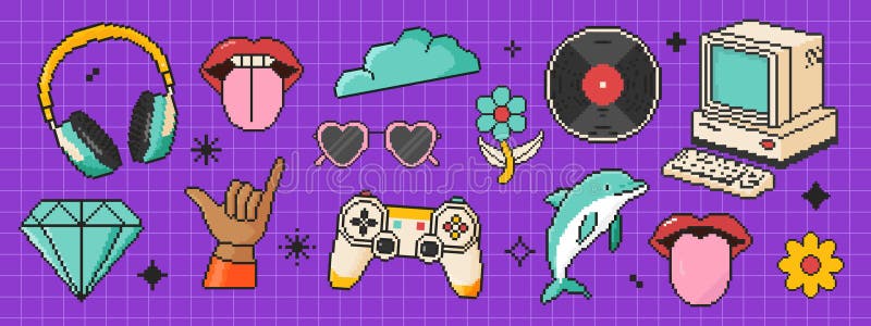 Pixel Art Retro Y2k Elements Icon Set in 8 Bit Style. Retro 80s,90s ...