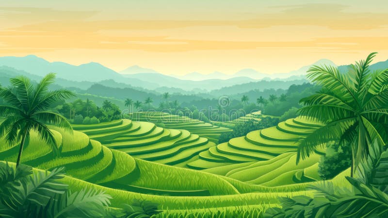 Pixel Art Rice Terraces Landscape Stock Illustration - Illustration of ...