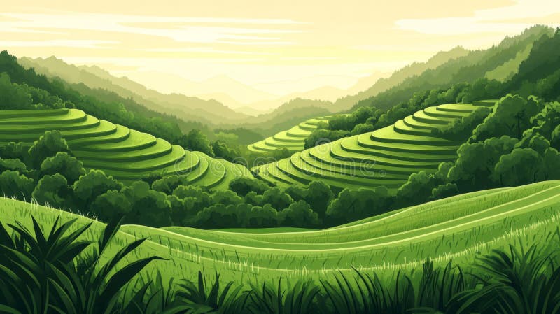Pixel Art Rice Terraces in Lush Valley Stock Illustration ...