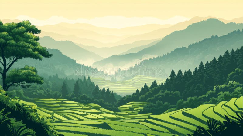 Pixel Art Rice Terraces Valley Landscape Stock Illustration ...