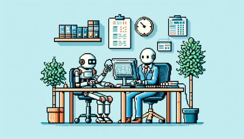 Pixel Art of Robot and Human Working in an Office. Stock Illustration ... Pixel Art of Robot and Human Working in an Office. Stock Illustration ...