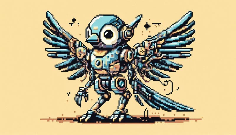 Pixel Art of a Robotic Bird with Mechanical Wings. Stock Illustration ...