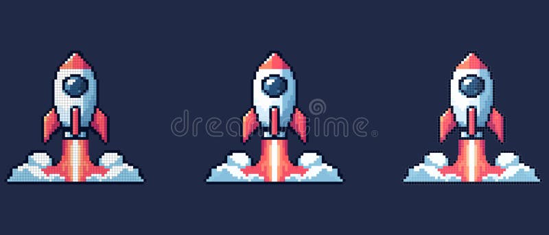 Pixel Art of a Rocket Ship Launching into the Sky White with Red ...