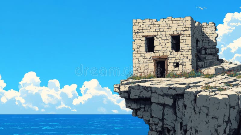 Pixel Art Ruins on a Cliffside Overlooking the Ocean Stock Illustration ...