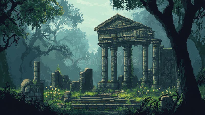 Pixel Art Ruins in Forest. Ancient Temple, Fantasy Landscape, 8-Bit ...