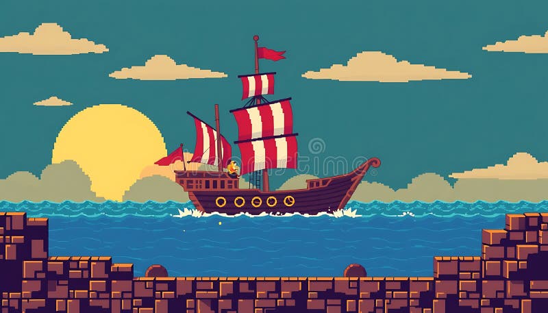 Pixel Art Sailing Ship Sunset Ocean Game Background Stock Illustration ...