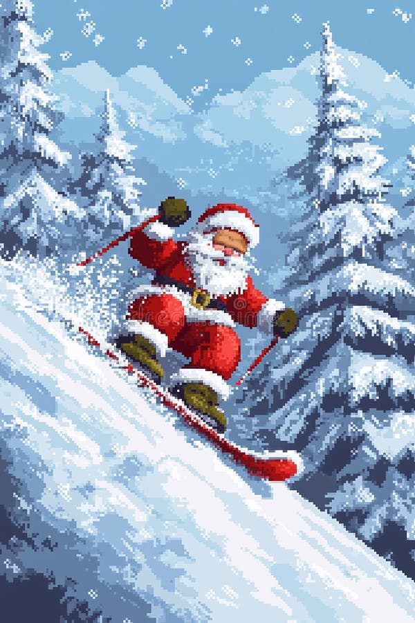 Pixel Art Santa Skiing Down a Snowy Hill. Stock Illustration ...