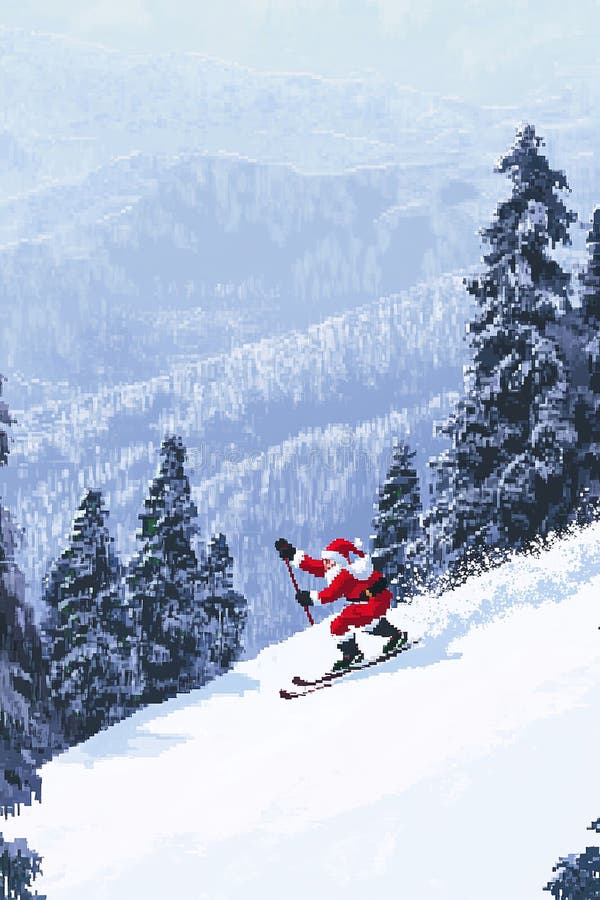 Pixel Art Santa Skiing Down a Snowy Hill. Stock Illustration ...