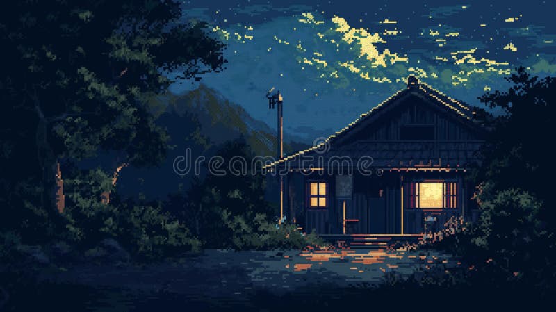 Pixel Art Scene of a Cabin by Night, with a Glowing Window and a ...