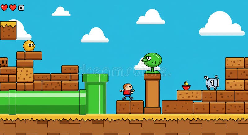 Pixel Art Scene Featuring a Side-scrolling Video Game Environment. a ...
