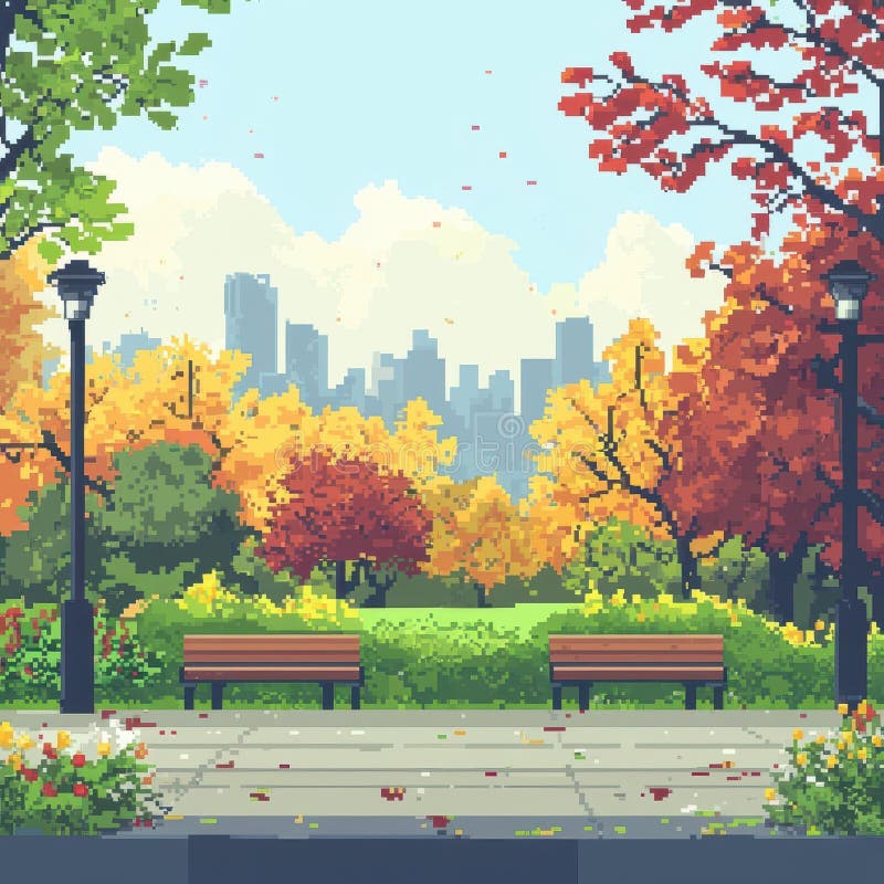 Pixel Art Scene of a Park with Benches, Trees, and a Cityscape in the ...