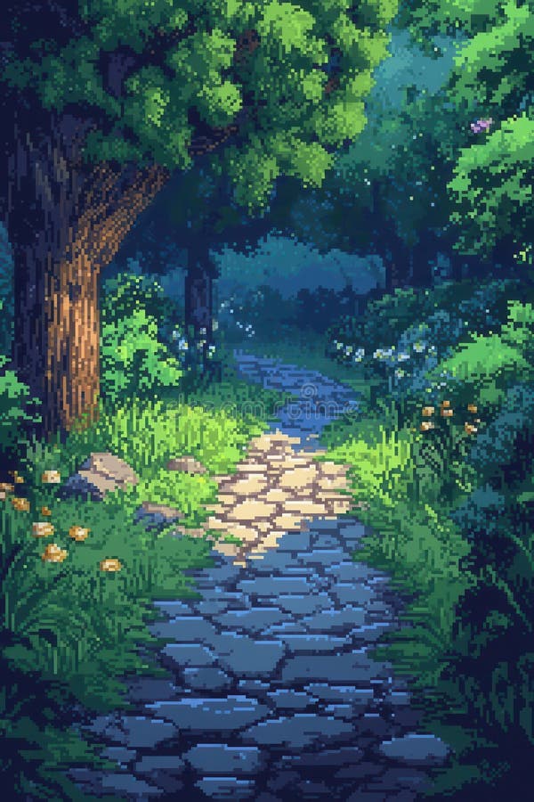 Pixel Art Scene of a Tranquil Forest Path Surrounded by Lush Greenery ...