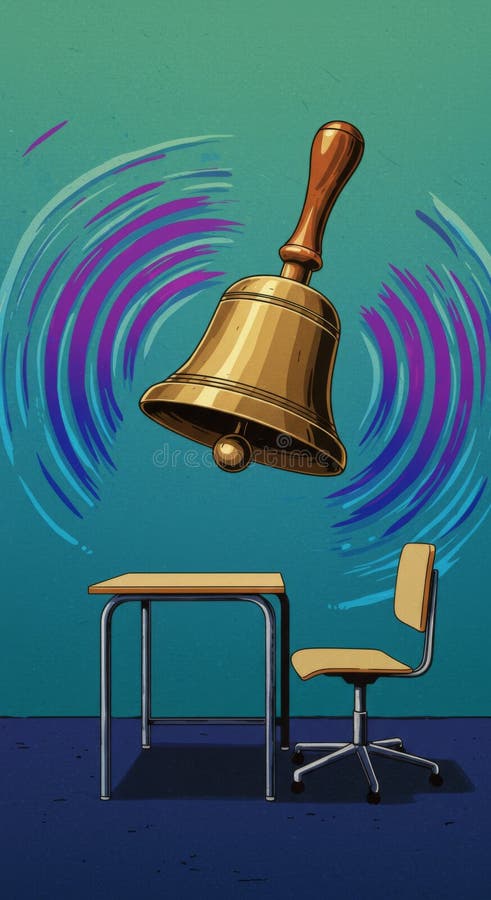 Pixel Art School Bell Ringing Above Desk and Chair Stock Illustration ...