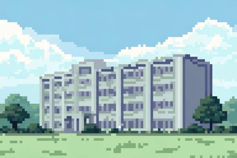Pixel Art School Building with Trees and Blue Sky Background Stock ...