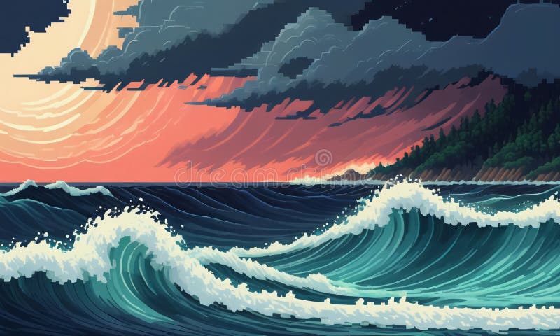 Pixel Art of Sea Storm Waves. Generative AI Stock Illustration ...