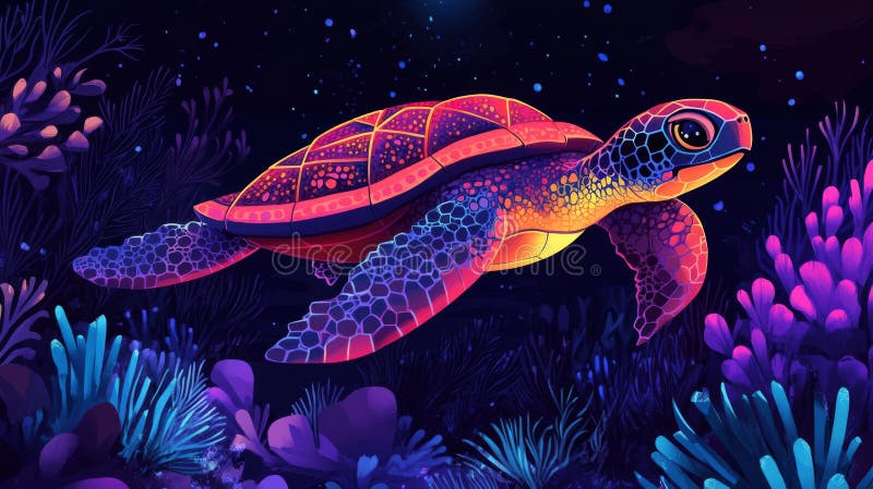 Pixel Art Sea Turtle in Vibrant Neon Coral Reef Stock Illustration ...
