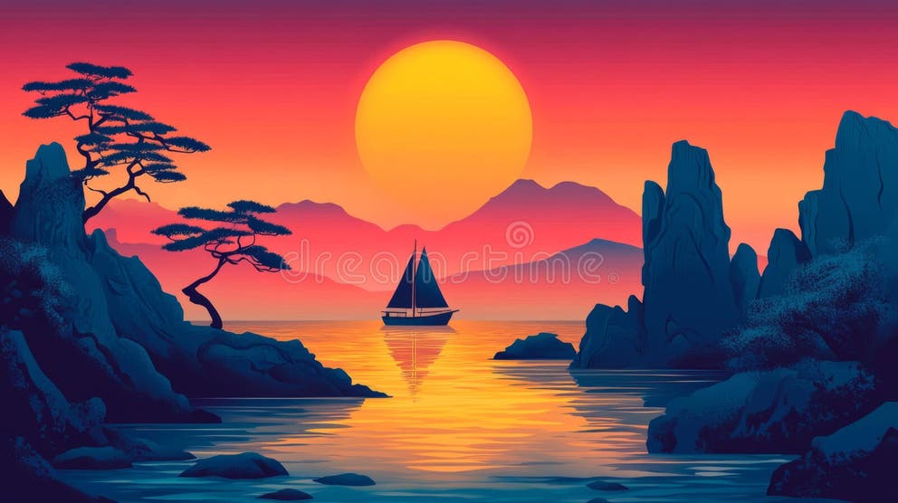 Pixel Art Seascape Sunset with Sailboat Stock Illustration ...