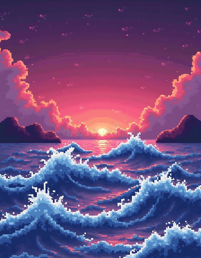 Pixel Art Seascape with Vibrant Sunset and Waves Stock Photo - Image of ...