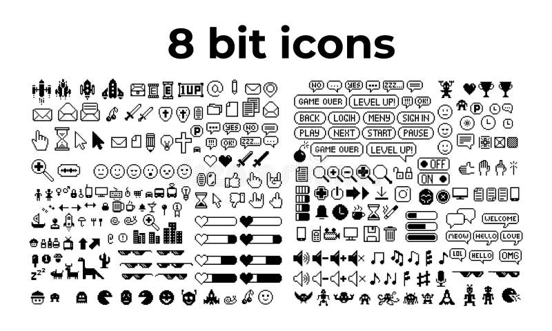 Pixel Art Set, Black and White 8-bit Icons for Website or Mobile User ...