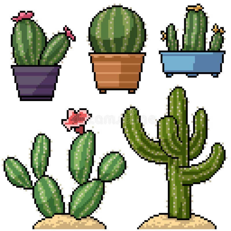 Set Of Cactus In Pixel Style Stock Vector - Illustration of bright ...
