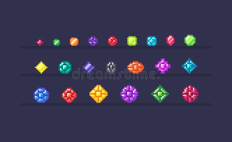 Pixel Gems Icons. Pixel Game Elements. Games Ui Magic Stones Vector ...