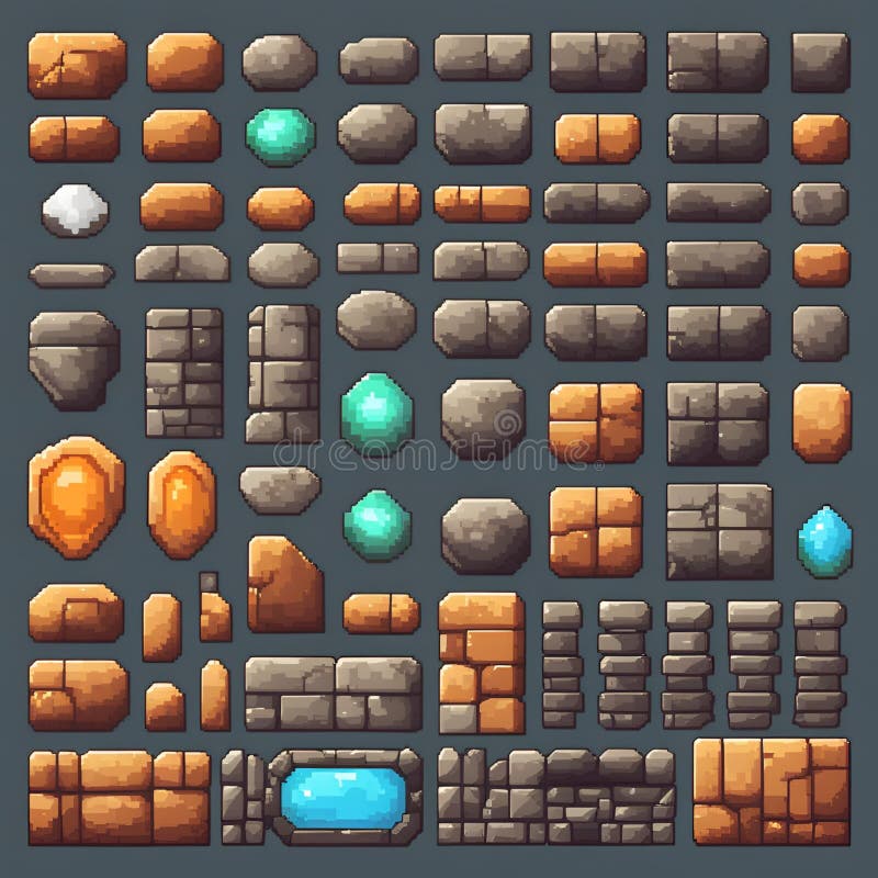 Pixel art set of stone stock illustration. Illustration of stones ...