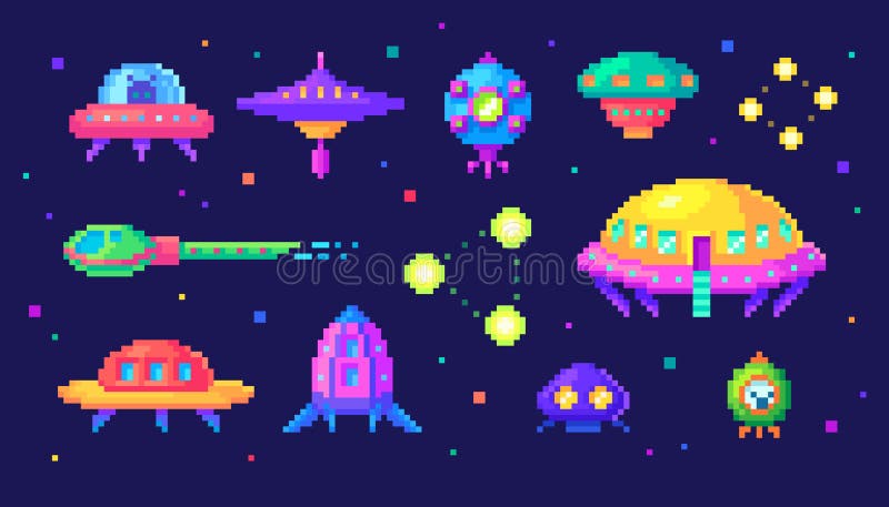 Pixel Art Set of UFO, Alien Shuttles. Pixelated Cartoon Elements about ...