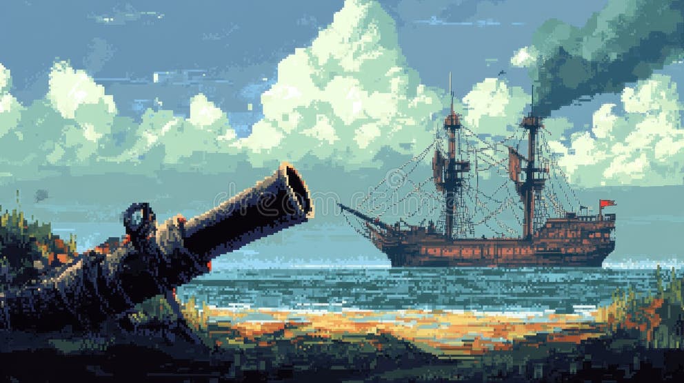 Pixel Art, Ship, and Cannon Stock Illustration - Illustration of color ...