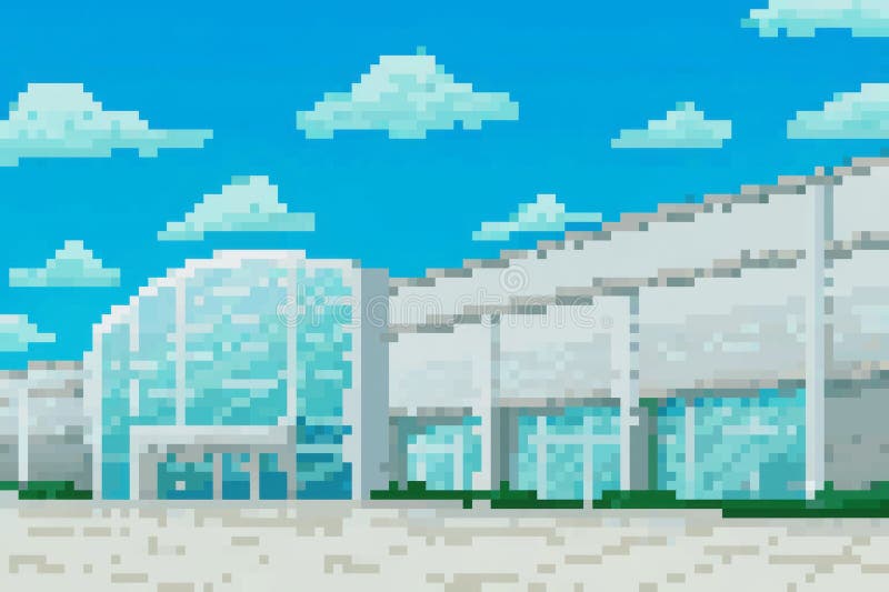 Pixel Art Shopping Mall Exterior with Blue Sky and Clouds Stock ...