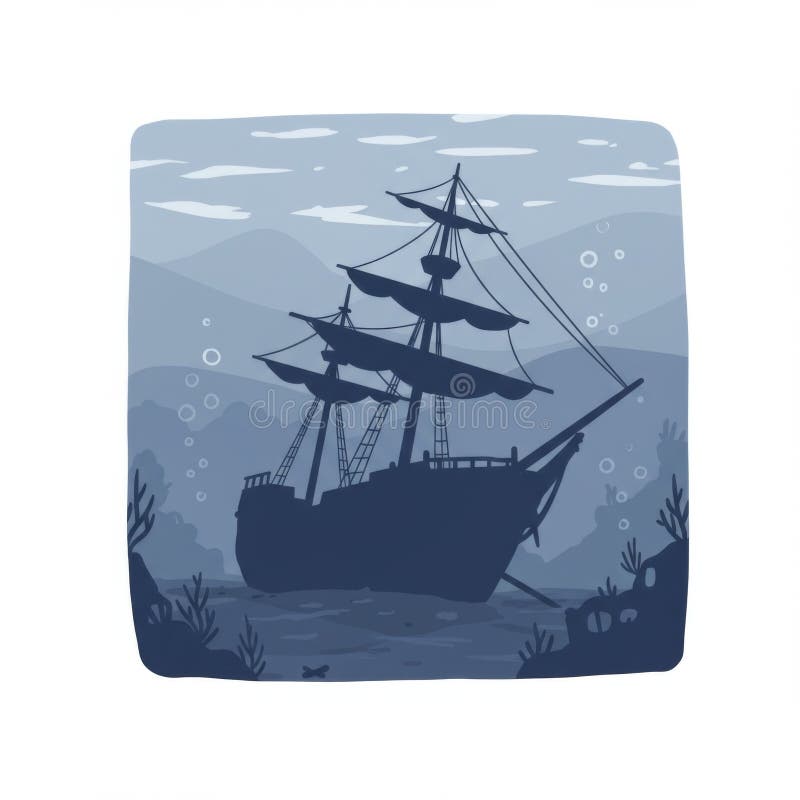 Pixel Art Silhouette of Sunken Ship Underwater with Blue Hue and ...