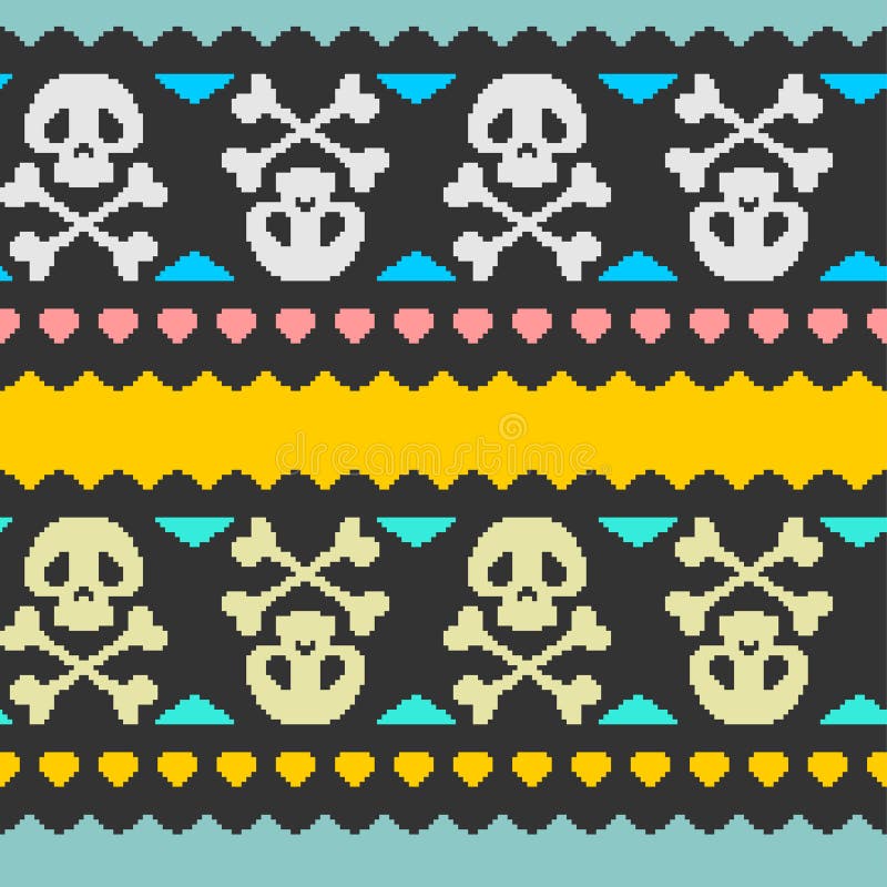 Pixel Art Skull Cartoon Pattern Seamless . 8 Bit Funny Skeleton Head ...