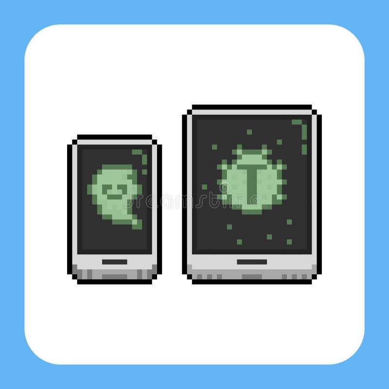 Pixel Art Smartphone Icons with Green Virus on the Screen. Stock Vector ...