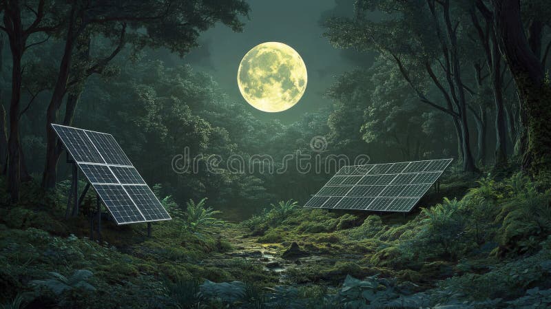 Pixel Art Solar Panels in Moonlight Forest Stock Illustration ...